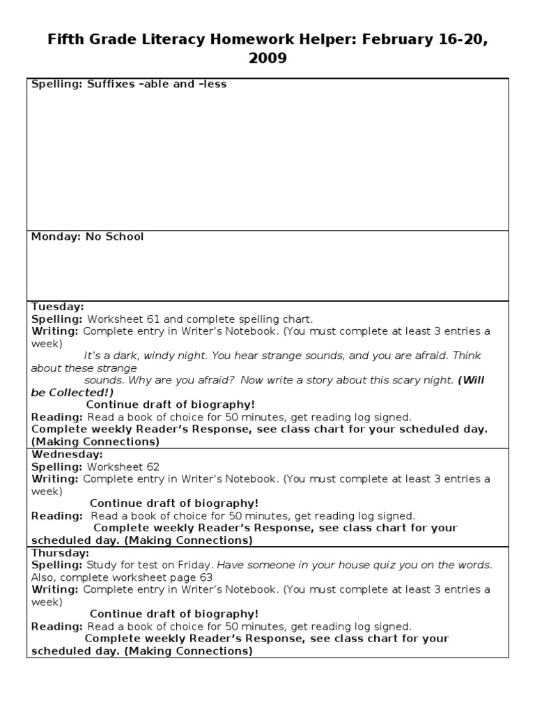 Fifth Grade Literacy Homework Guide | PDF | Writing | Books