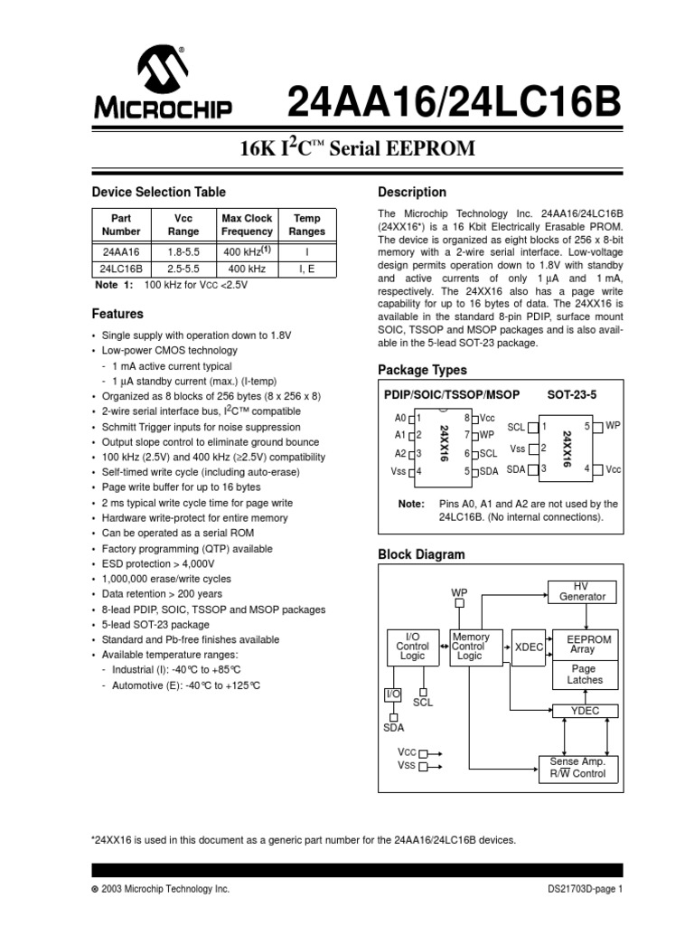 24AA16/24LC16B: 16K I C Serial EEPROM | PDF | Bit | Pointer (Computer Programming)