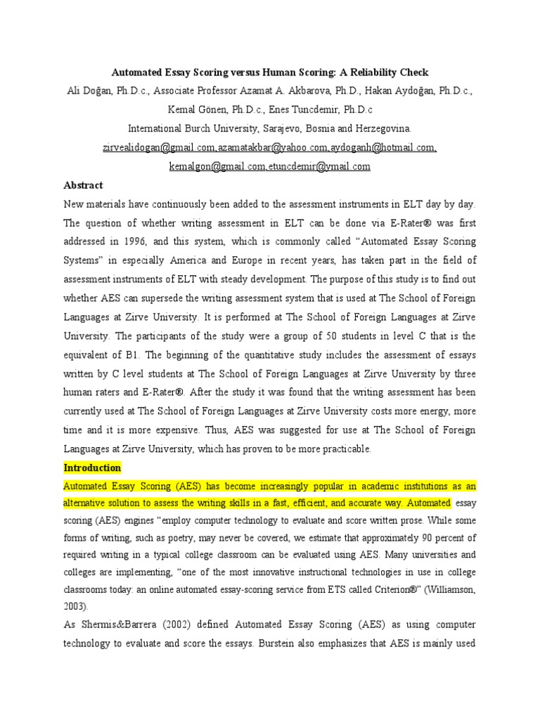 Automated Essay Scoring Versus Human Scoring: A Reliability Check | PDF ...