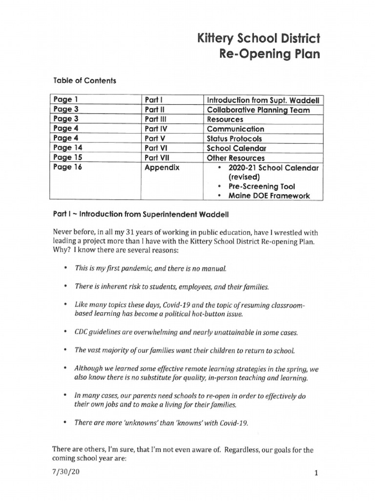 Kittery School District Reopening Plan | PDF