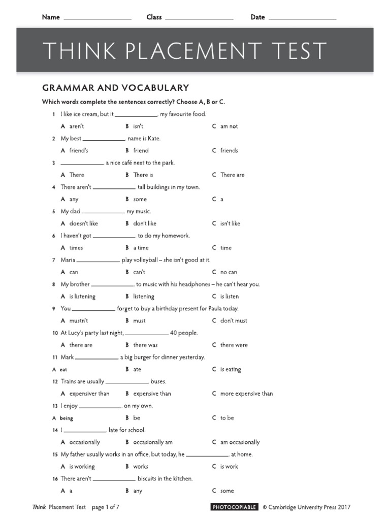 9th Grade Placement Test (Grammar&Vocabulary Questions) | PDF