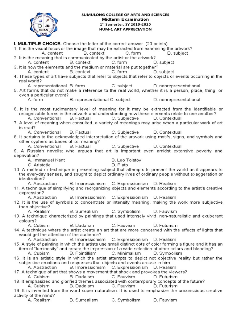 Sumulong College of Arts and Sciences Midterm Examination Hum-1 Art ...