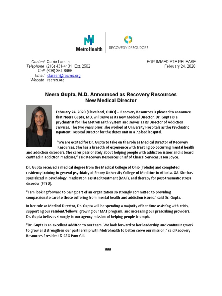 Neera Gupta, M.D. Announced As Recovery Resources New Medical Director ...