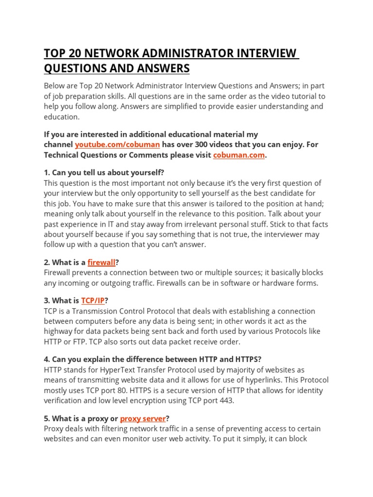 Top 20 Network Administrator Interview Questions and Answers | PDF ...