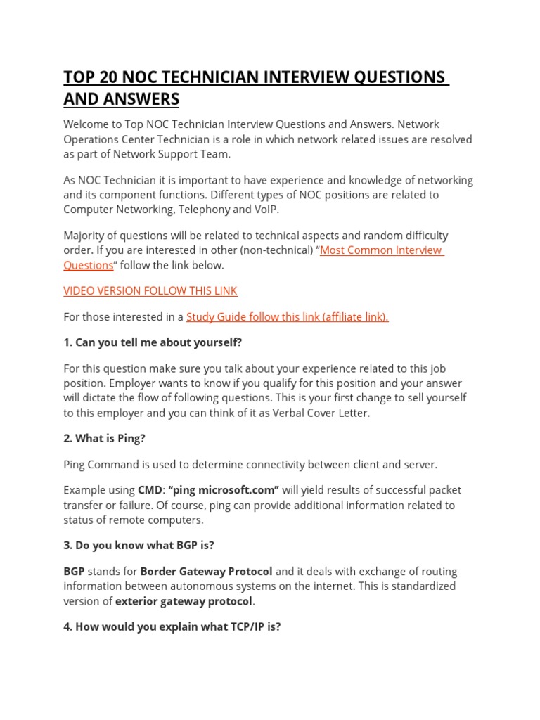 Top 20 Noc Technician Interview Questions and Answers | PDF | Internet ...