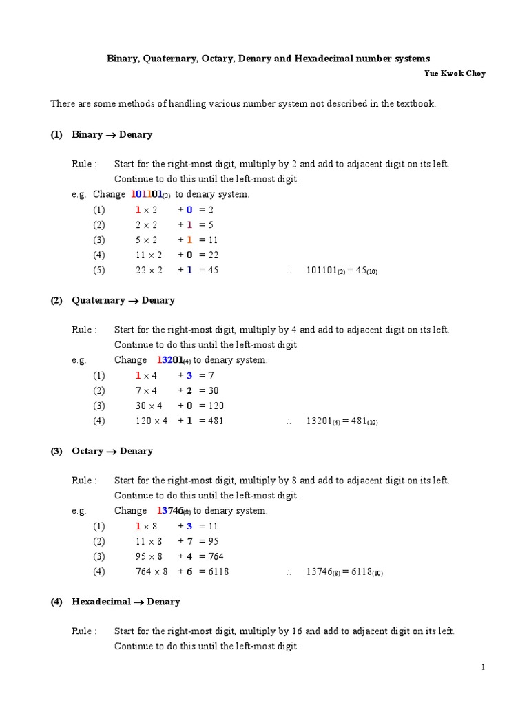 Binary, Quaternary, Octary, Denary and Hexadecimal Number Systems | PDF ...