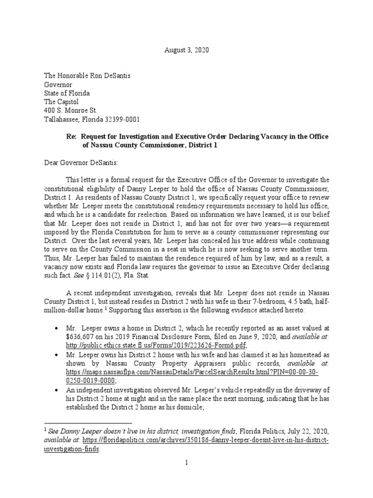 Letter To Governor DeSantis RE: Danny Leeper | PDF | Domicile (Law ...