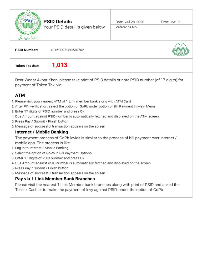 How to Pay Token Tax Using PSID | PDF