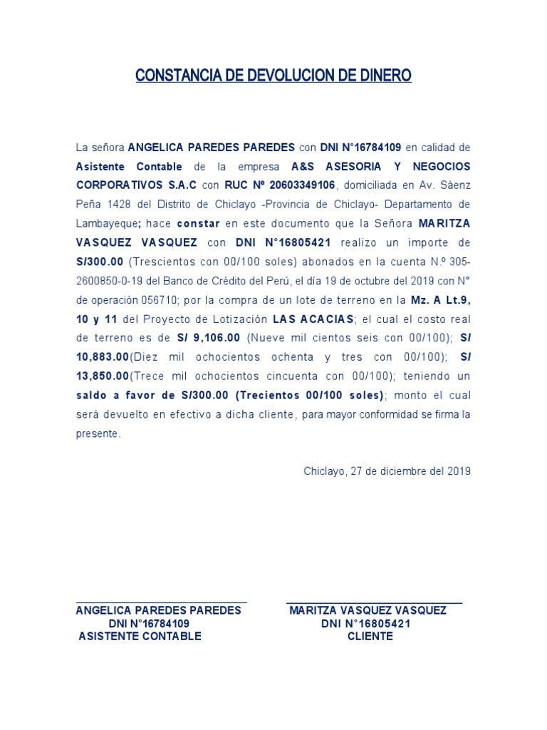 Constancia de Devolucion de Dinero | PDF Constancia de Devolucion de Dinero | PDF