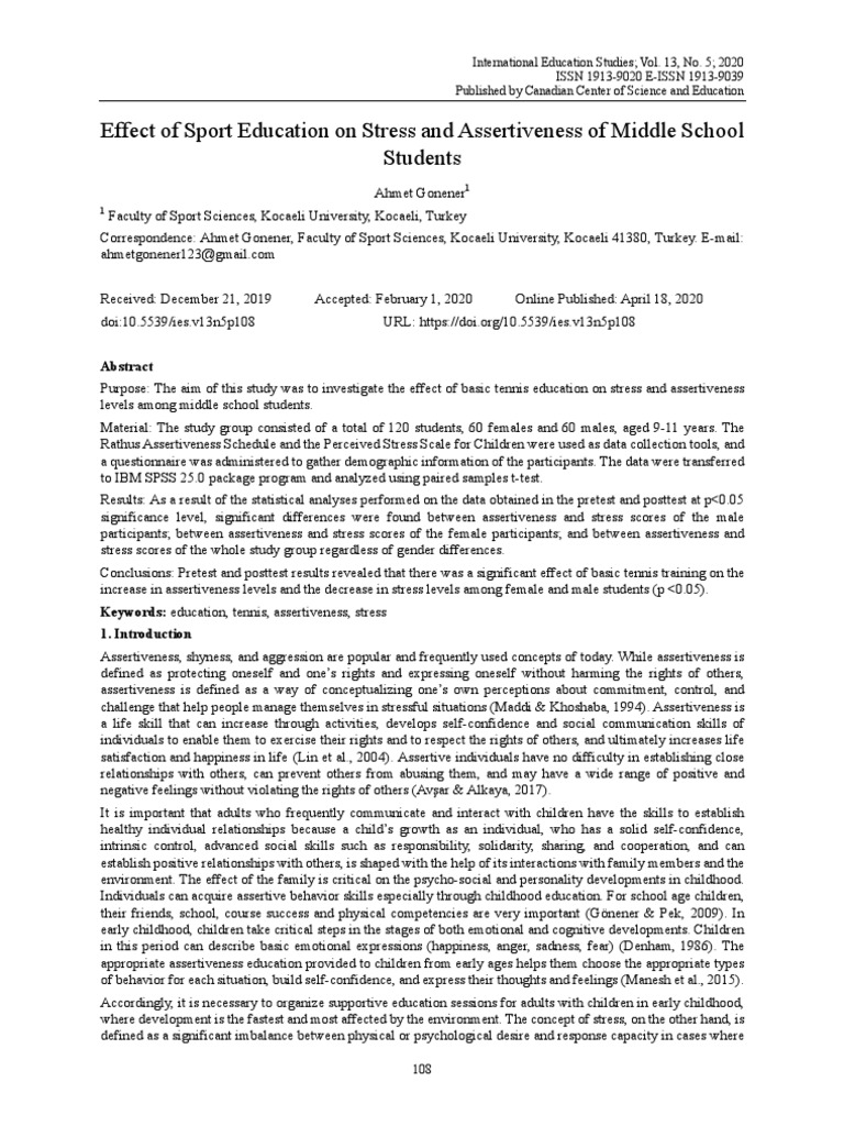 Effect of Sport Education On Stress and Assertiveness of Middle School ...