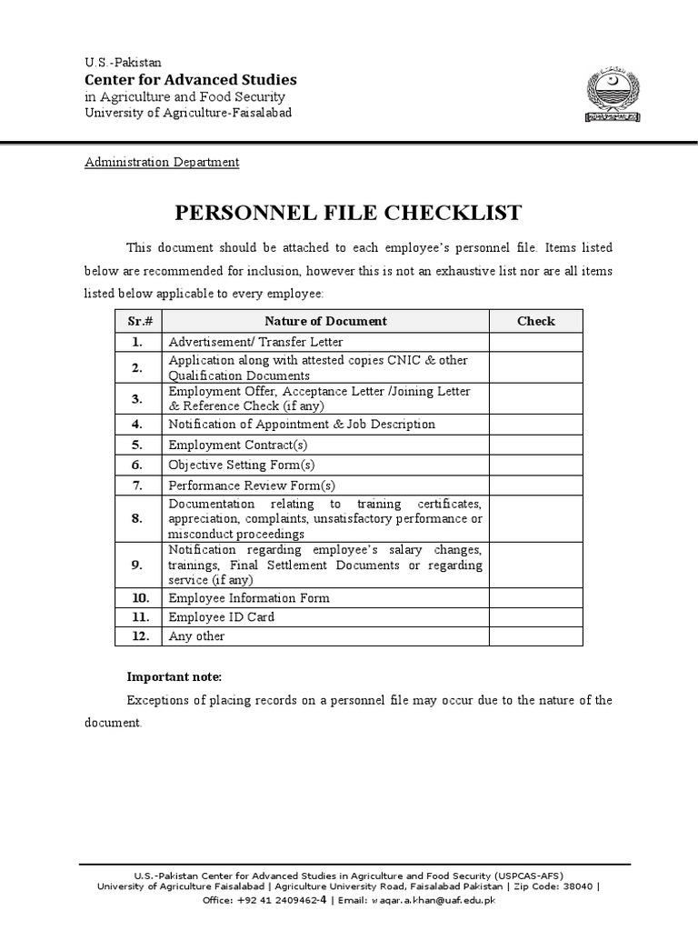 Check List For Personnel Files