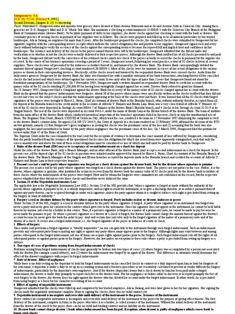 CASES NEGO Gempesaw Vs CA | PDF | Negotiable Instrument | Cheque