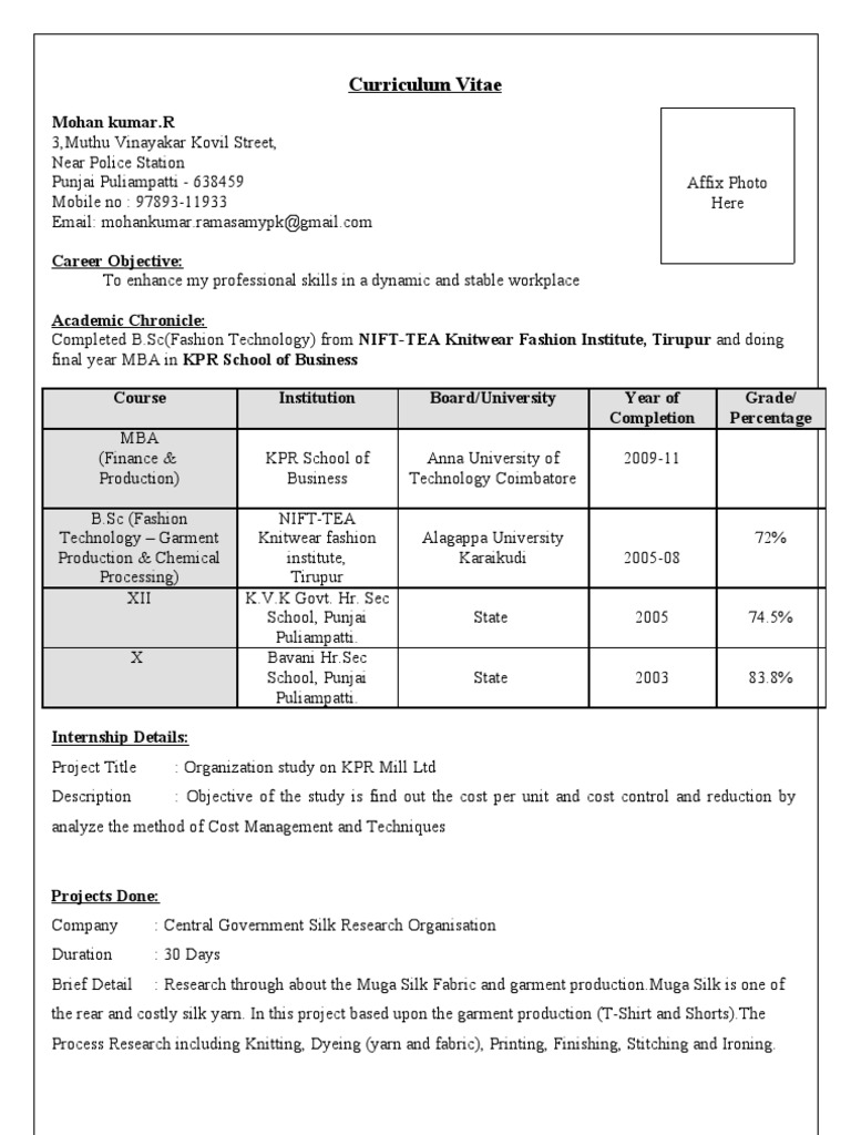 Curriculum Vitae: Mohan Kumar.r | PDF | Textiles | Clothing