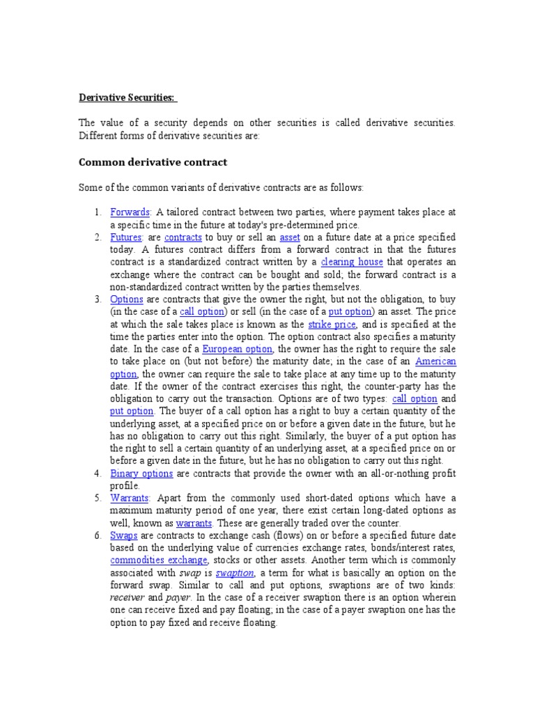 Common Derivative Contract | PDF | Option (Finance) | Mortgage Backed ...