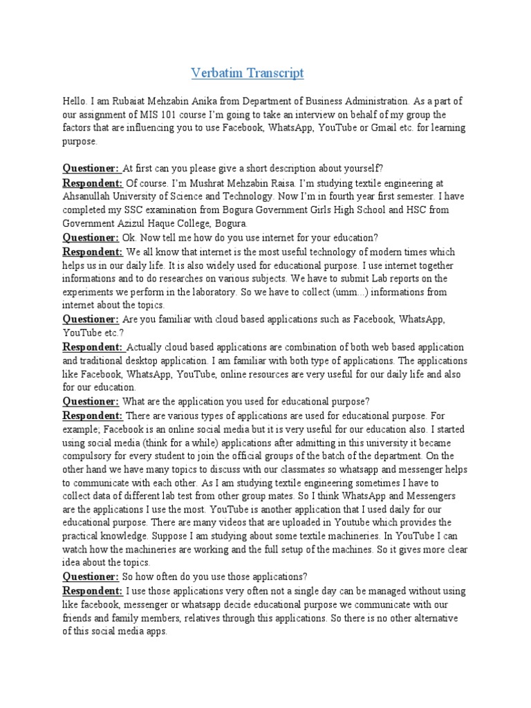 Verbatim Transcript: Questioner: Respondent | PDF | Platform As A ...