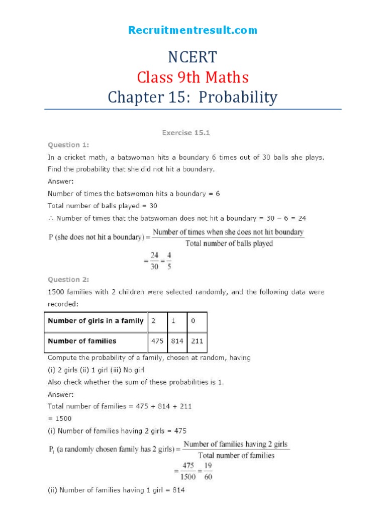 Ncert Chapter 15: Probability: Class 9th Maths | PDF