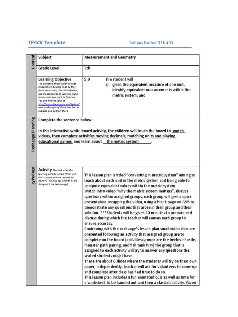 Bfarlow Tpack Template Iwb Summer20 1 | PDF | Lesson Plan | Pedagogy