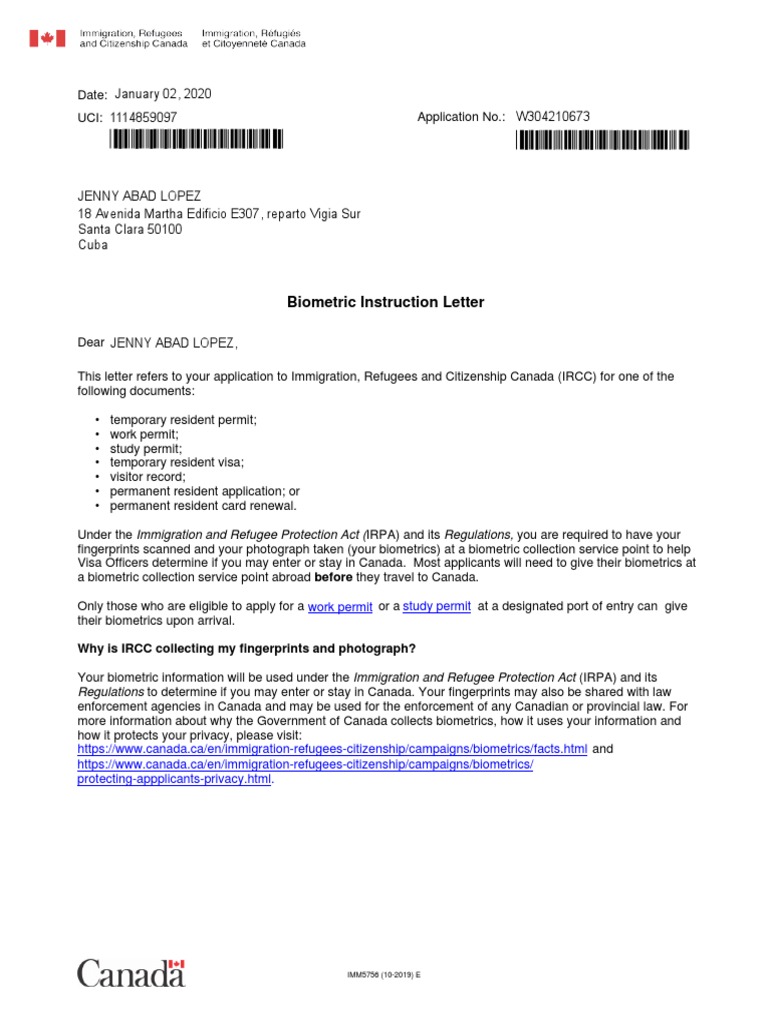 Biometric Instruction Letter: Study Permit Work Permit | PDF | Travel ...