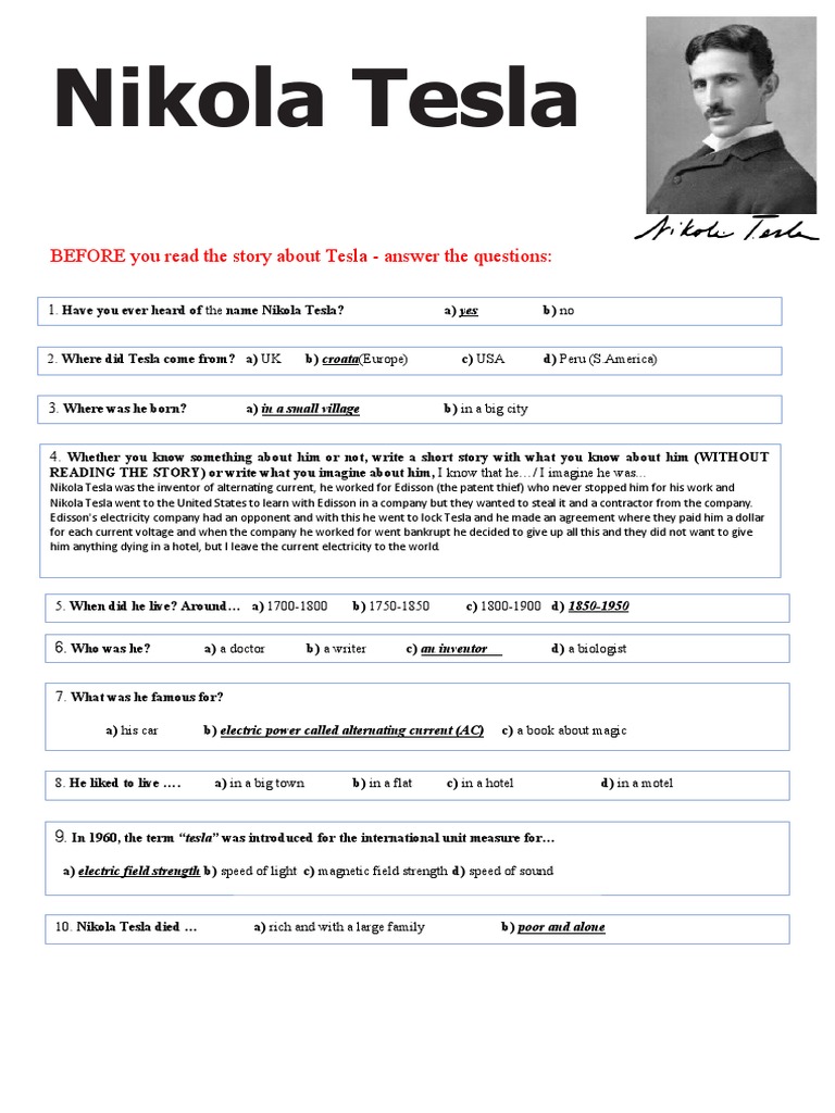 Nikola Tesla: BEFORE You Read The Story About Tesla - Answer The ...