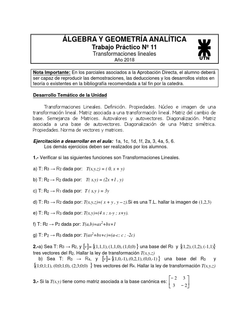 Trabajo Practico N°11 Álgebra y Geometría Analítica UTN FRLP | PDF | Valores propios y vectores ...