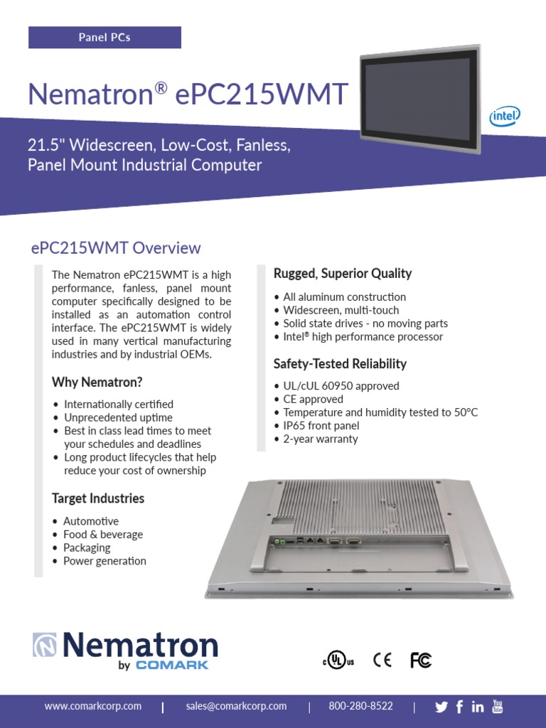 Nematron ePC215WMT: 21.5" Widescreen, Low-Cost, Fanless, Panel Mount ...