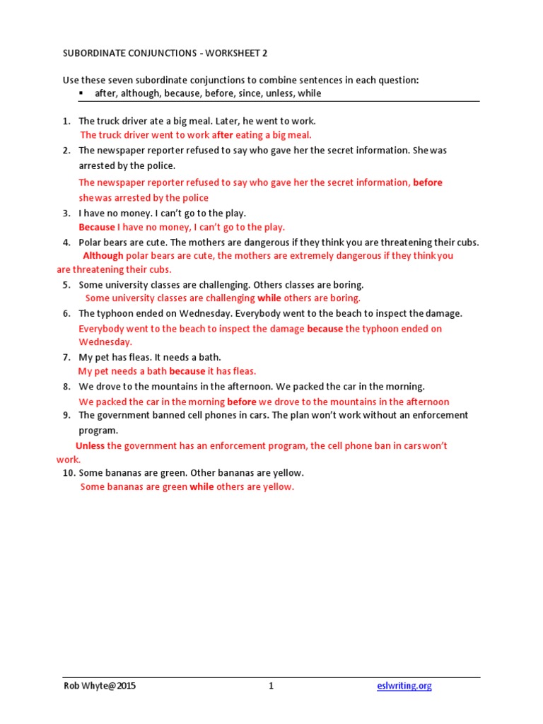 Subordinate Conjunctions Answer Key | PDF | Violence