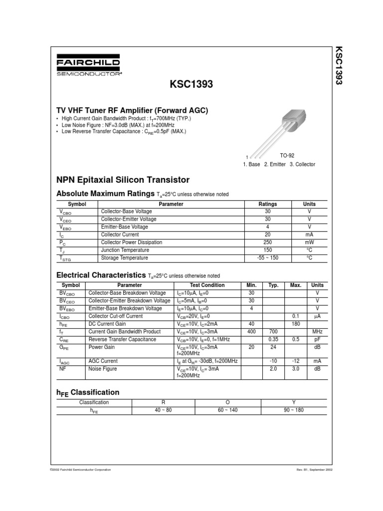 NPN Epitaxial Silicon Transistor: TV VHF Tuner RF Amplifier (Forward ...