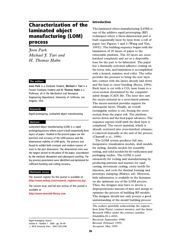 Characterization of The Laminated Object Manufacturing (LOM) Process ...