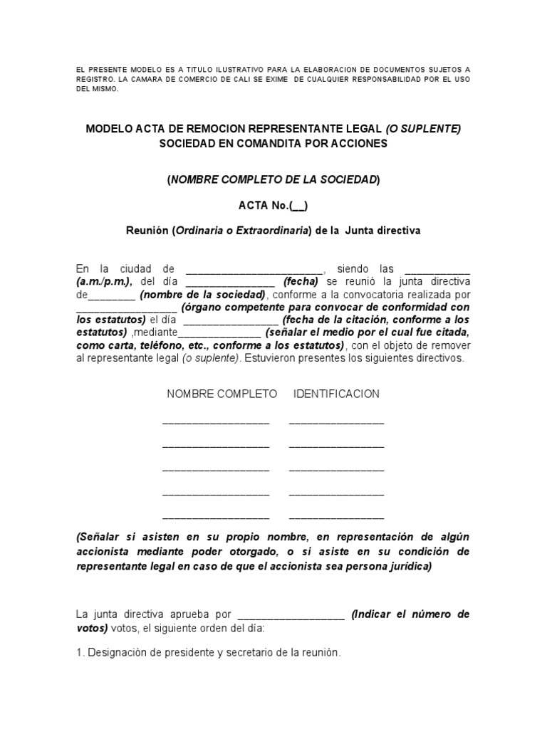 Remocion Representante Legal o Suplente Por La Junta Directiva | PDF ...