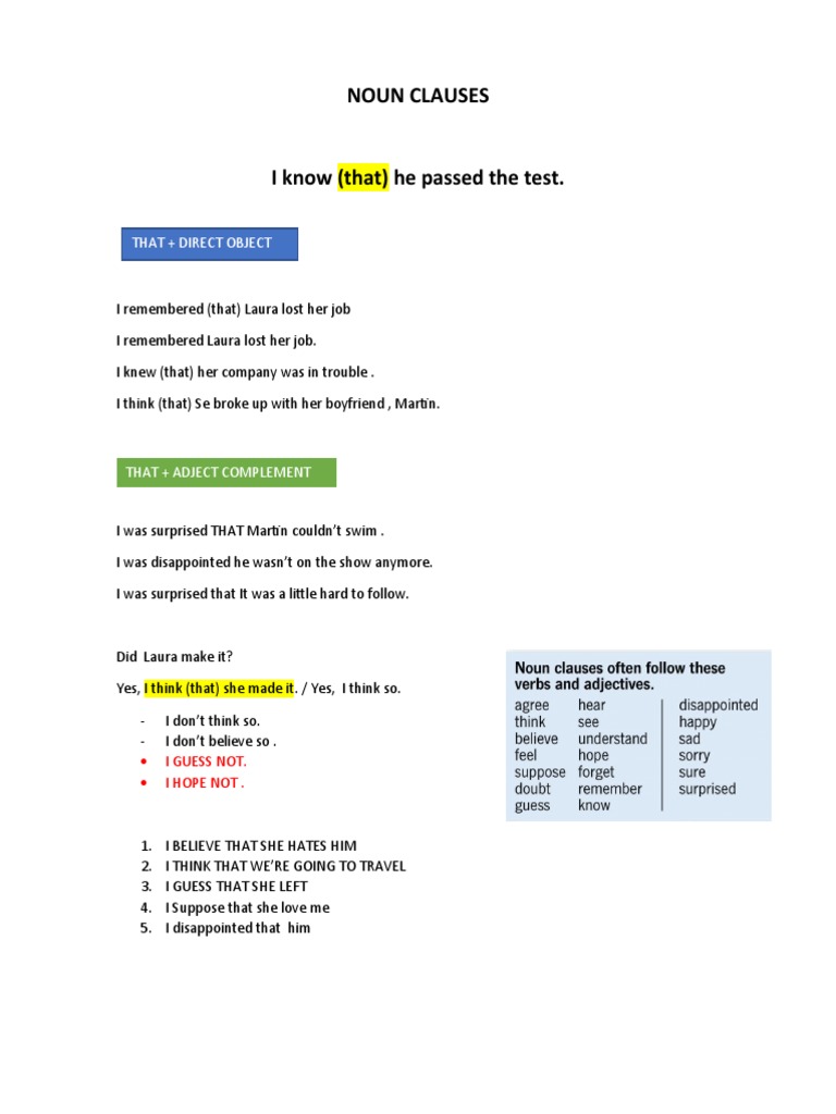 Noun Clauses: That + Direct Object | PDF