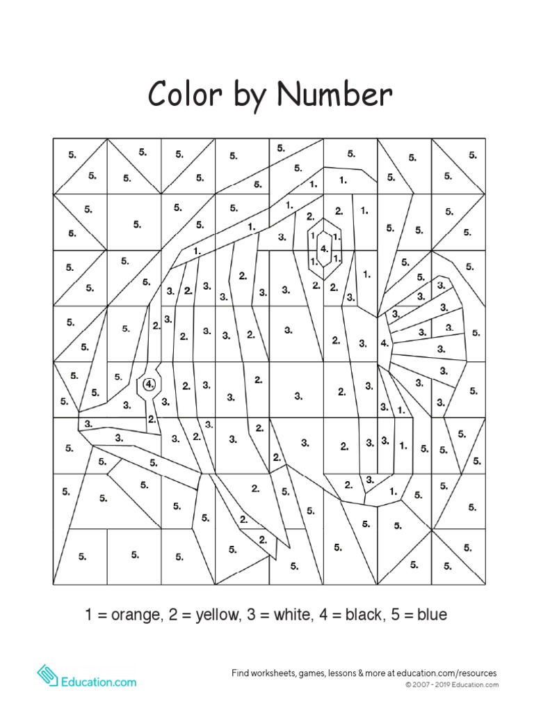 Color by Number: 1 Orange, 2 Yellow, 3 White, 4 Black, 5 Blue | PDF