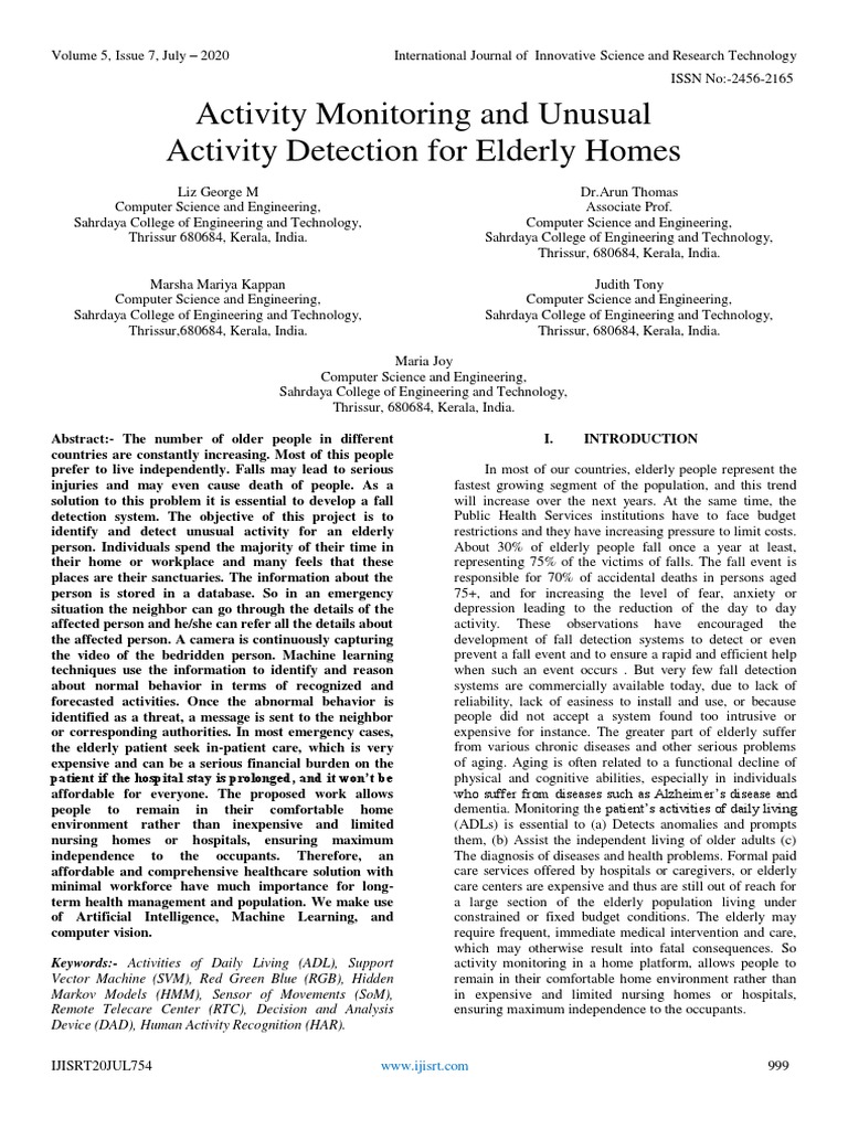 Activity Monitoring and Unusual Activity Detection For Elderly Homes ...
