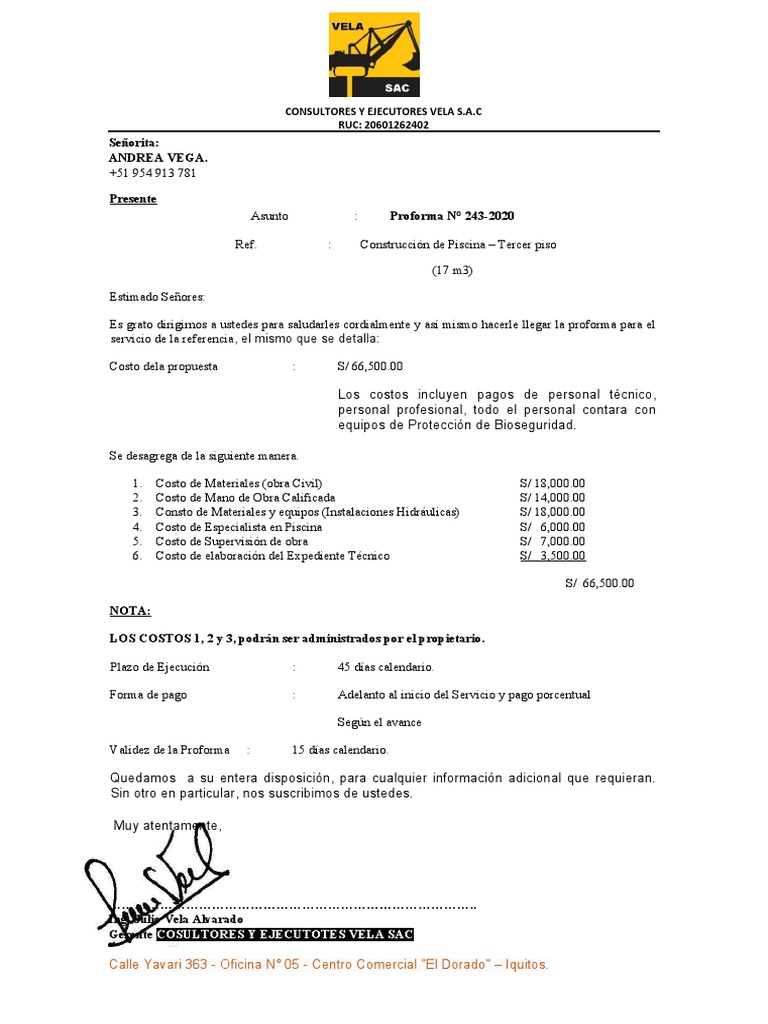 Proforma para la construcción de una piscina de 17 metros cúbicos en el ...