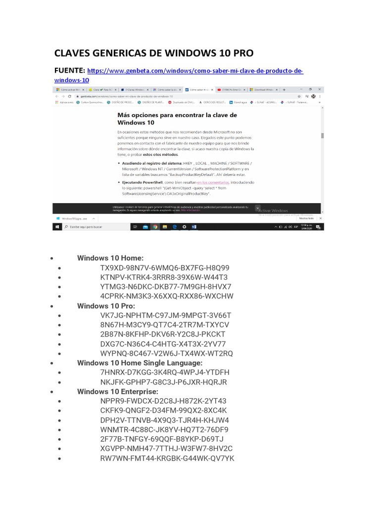 Claves Genericas de Windows 10 Pro | PDF | Windows 10 | Plataformas de ...