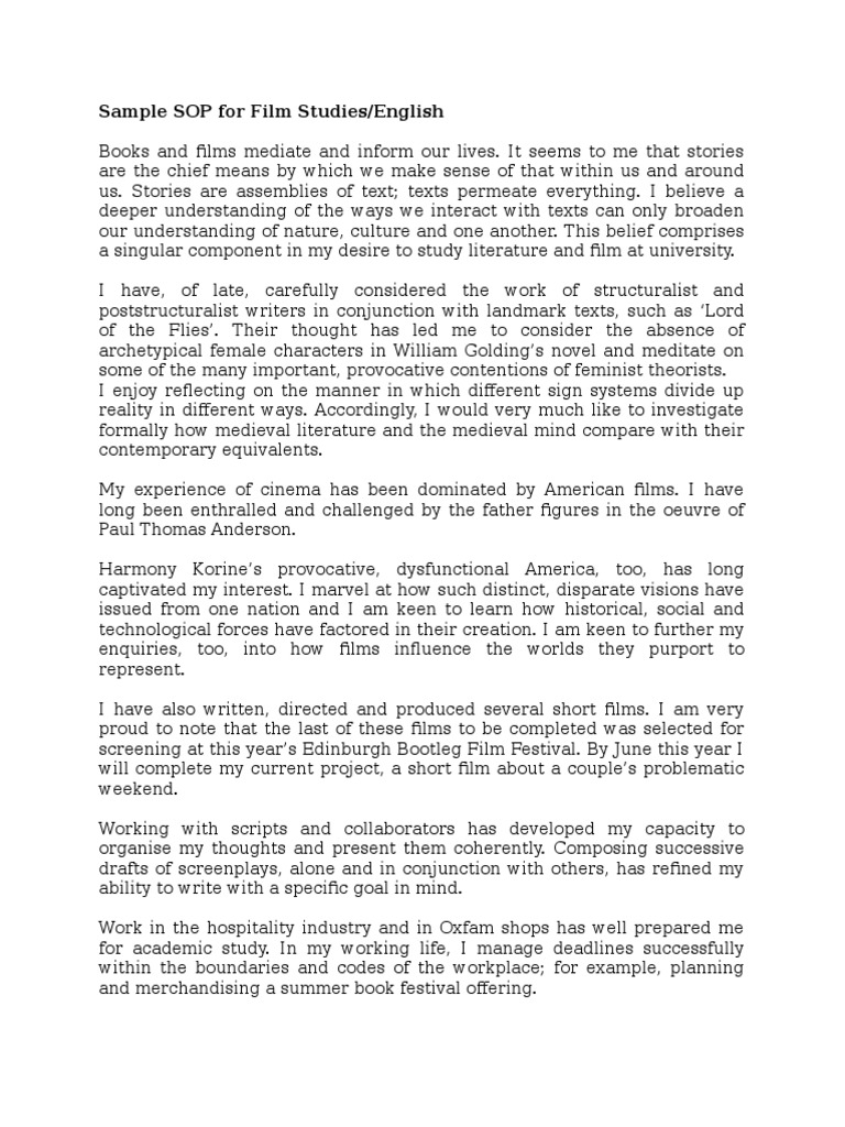Sample SOP For Film Studies/English | PDF | Cognition | Psychological ...