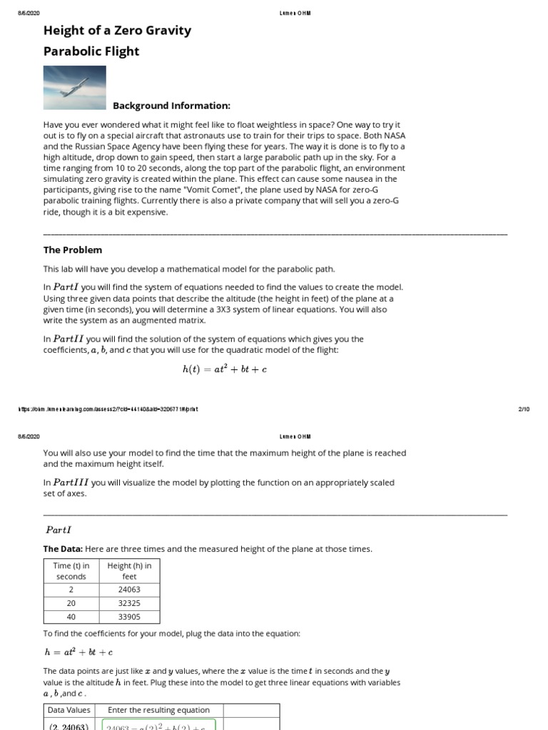 Height of A Parabolic Flight | PDF | Weightlessness | Quadratic Equation
