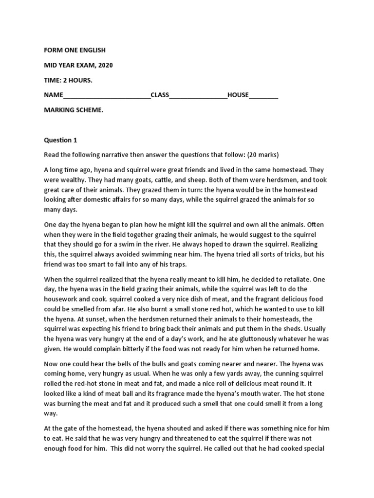 Form 1 English Marking Scheme | PDF | Foods