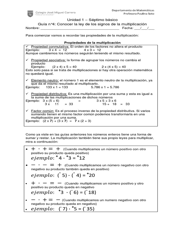 Matemática.Séptimo-básico.Guía4 - copia (2).pdf | PDF | Multiplicación ...