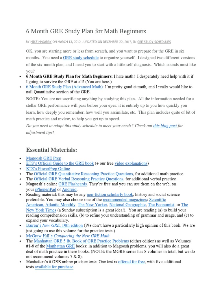 6 Month GRE Study Plan For Math Beginners | PDF | Graduate Record ...