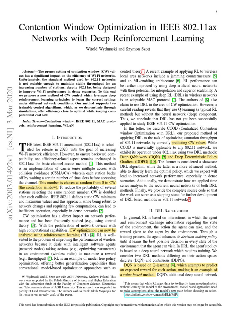 Contention Window Optimization in IEEE 802.11ax Networks With Deep Reinforcement Learning | PDF ...