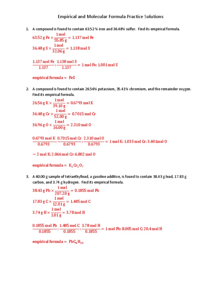 Empirical and Molecular Formula WS Solutions PDF | PDF