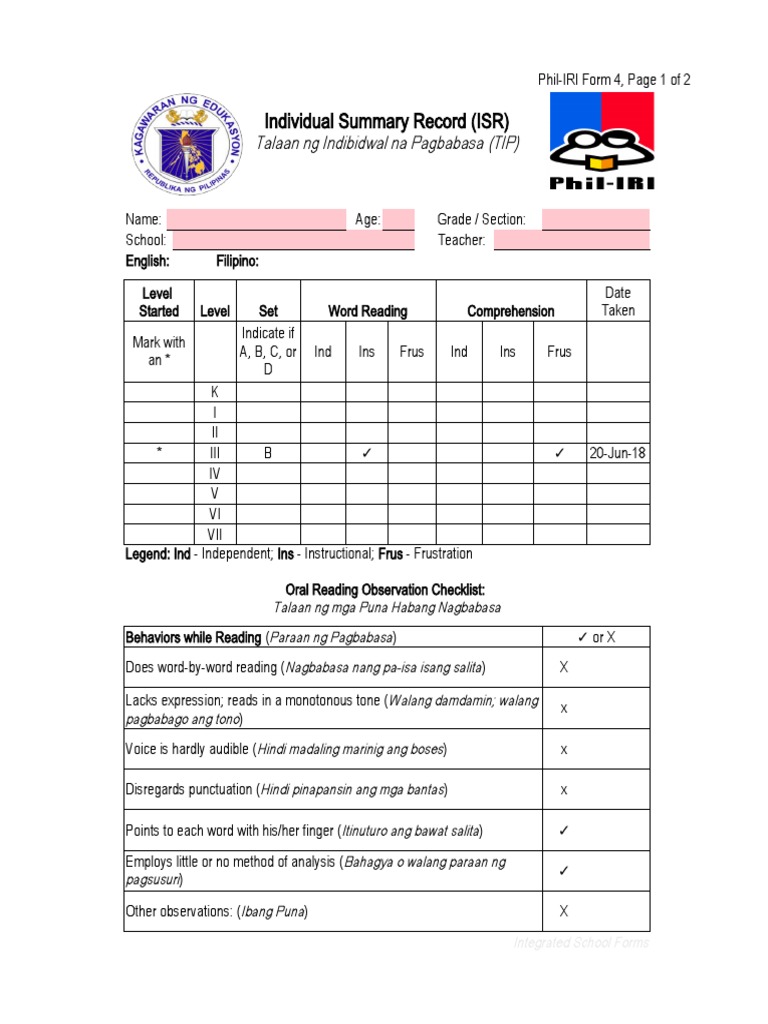 Individual Summary Record (ISR) : Talaan NG Indibidwal Na Pagbabasa (TIP) | PDF | Writing ...