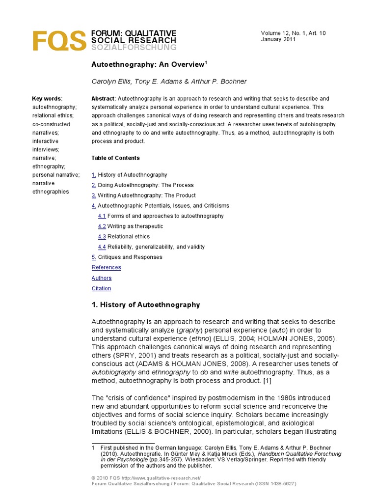 Autoethnography - An Overview PDF | PDF | Ethnography | Psychological ...