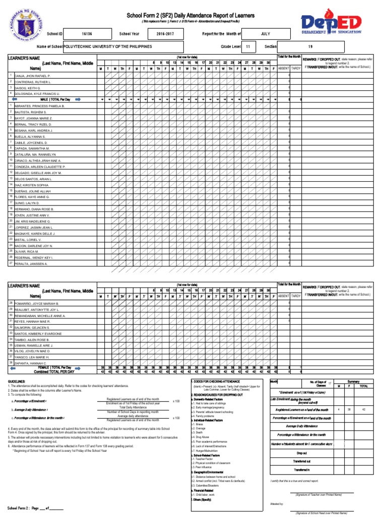 School Form 2 (SF2) Daily Attendance Report of Learners | PDF ...
