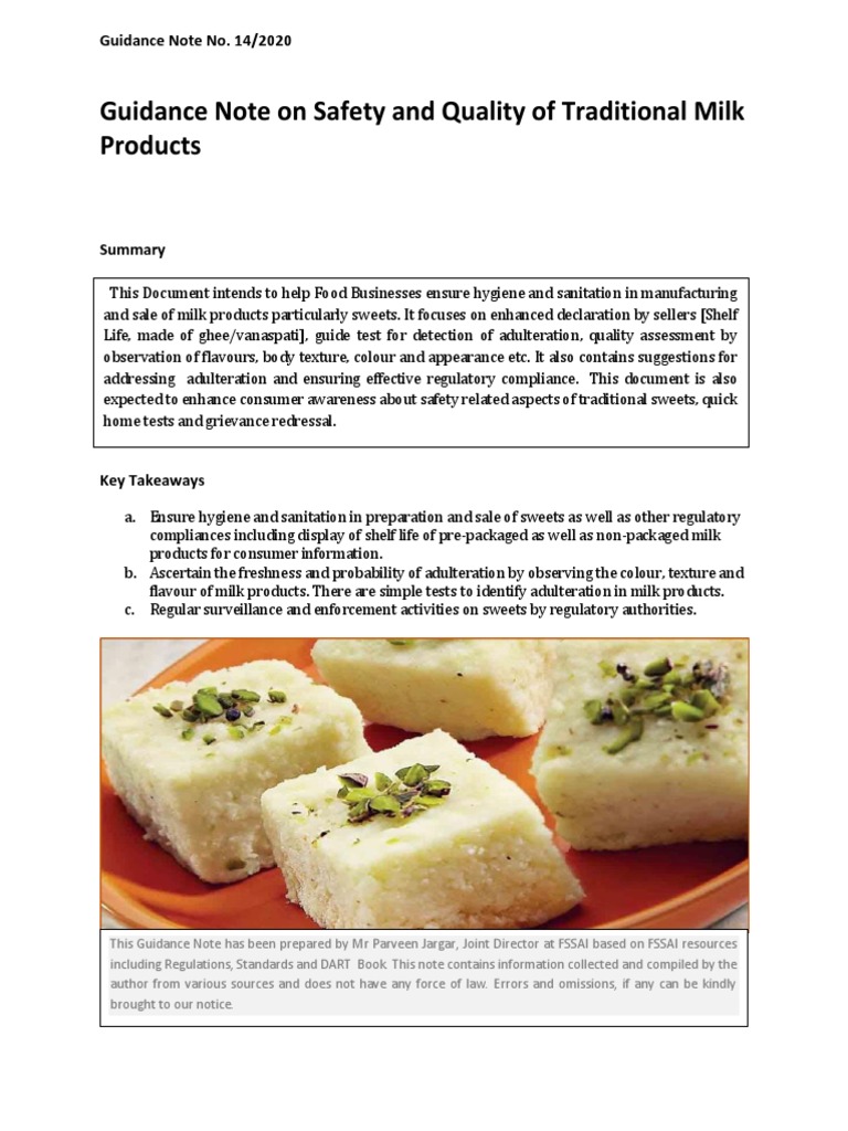 Guidance Note On Safety and Quality of Traditional Milk Products | PDF ...