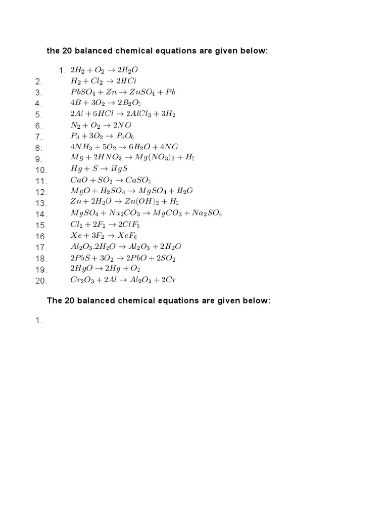 The 20 Balanced Chemical Equations Are Given Below | PDF