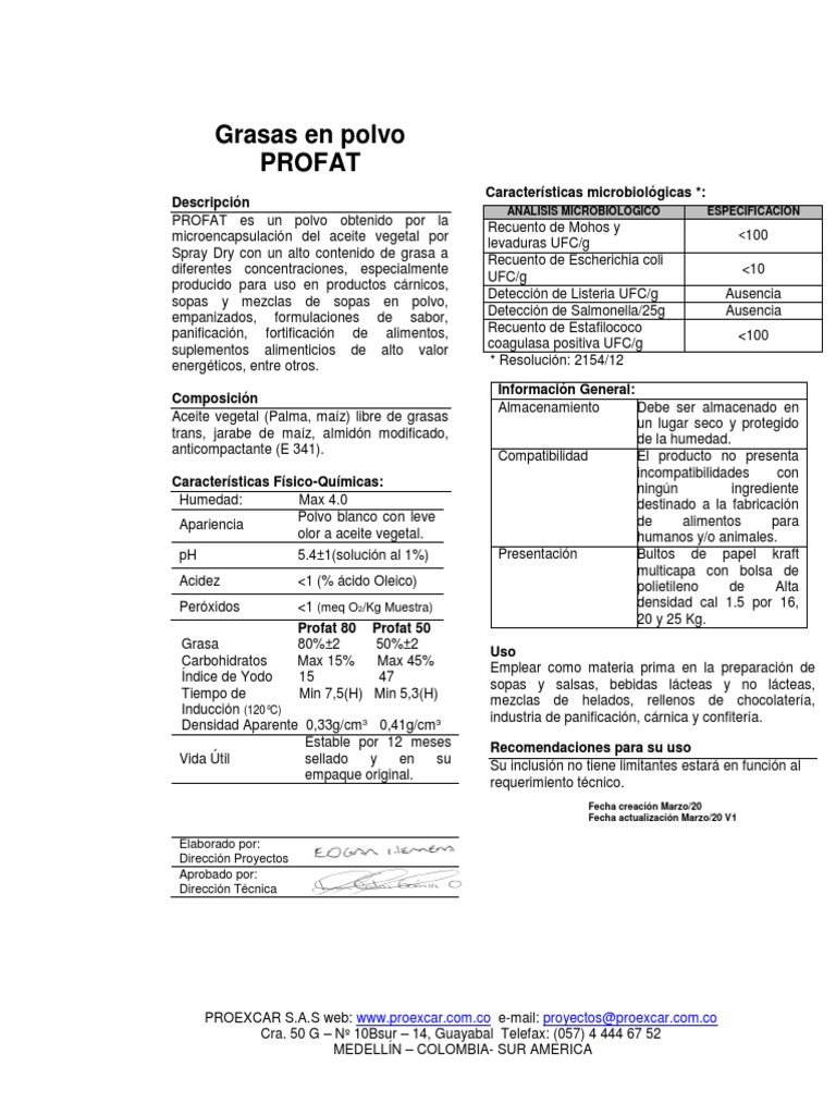 Ficha Tecnica Grasa en Polvo Profat 50-80% | PDF | Petróleo | Alimentos