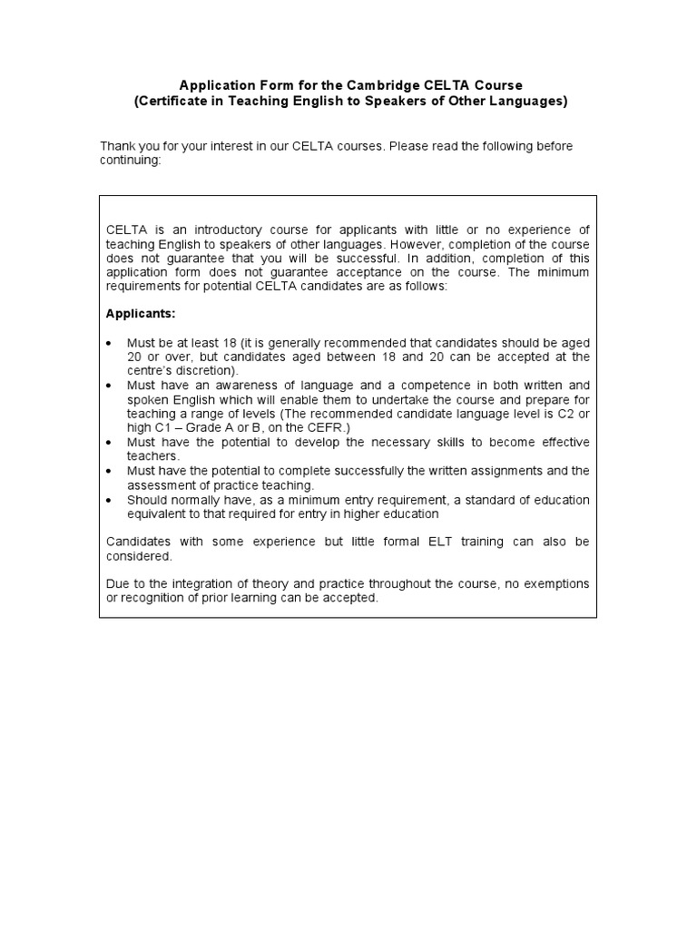 Application Form For The Cambridge CELTA Course (Certificate in Teaching English To Speakers of ...