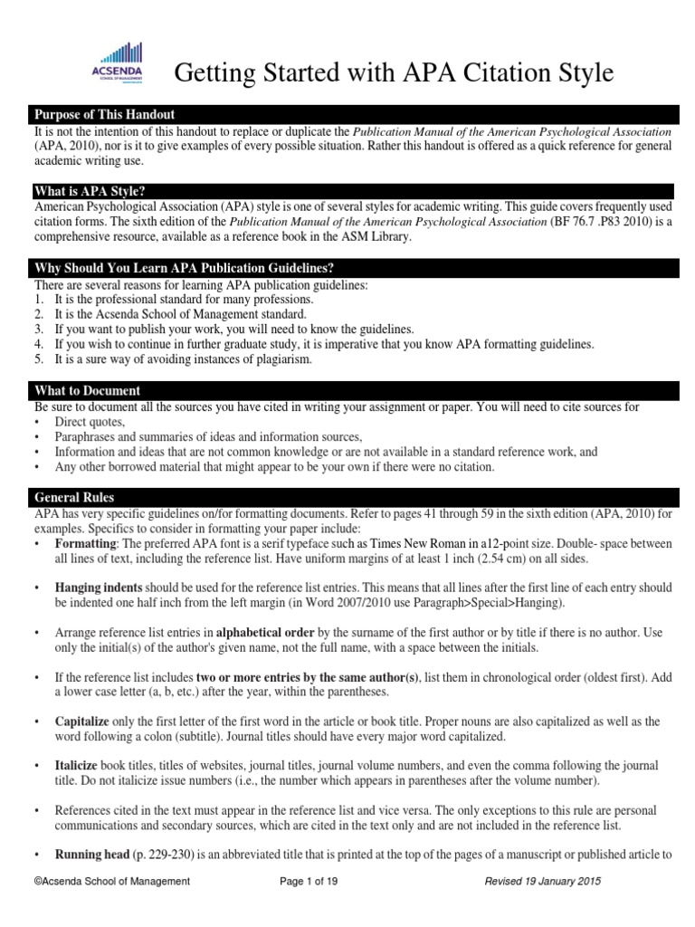 Getting Started With APA Citation Style: Purpose of This Handout | PDF ...