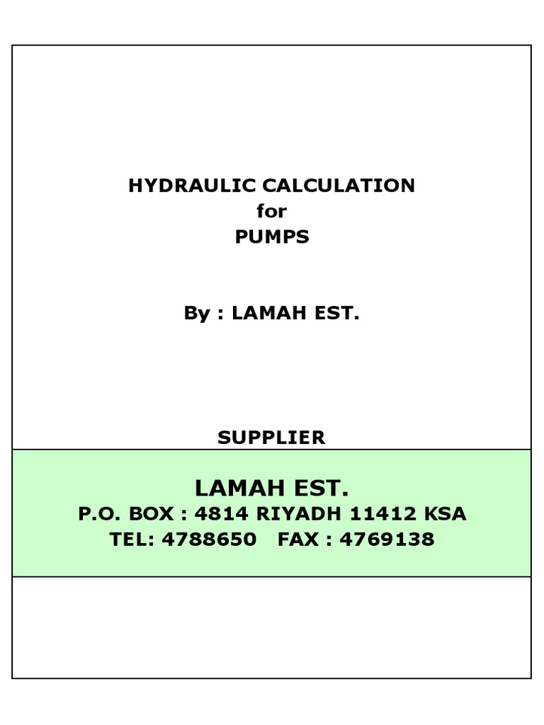 Hydraulic Calculation for Pumps | PDF | Plumbing | Manufactured Goods